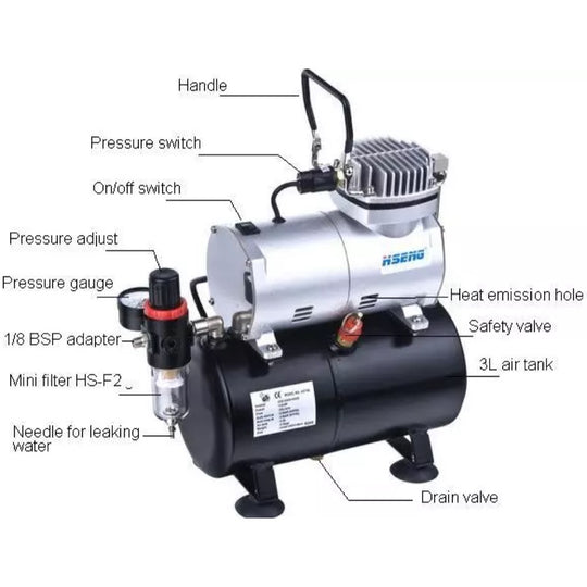 Hseng HS-AS186K Airbrush Compressor with Holding Tank Includes Hose and ...
