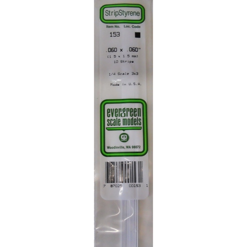 Evergreen 00153 Styrene Strips 0.060 x 0.060 x 14in / 1.5mm x 1.5mm x ...