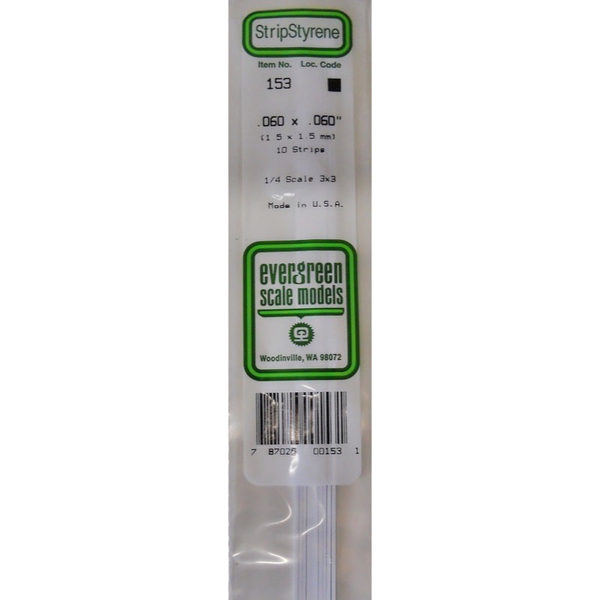 Evergreen 00153 Styrene Strips 0.060 x 0.060 x 14in / 1.5mm x 1.5mm x ...